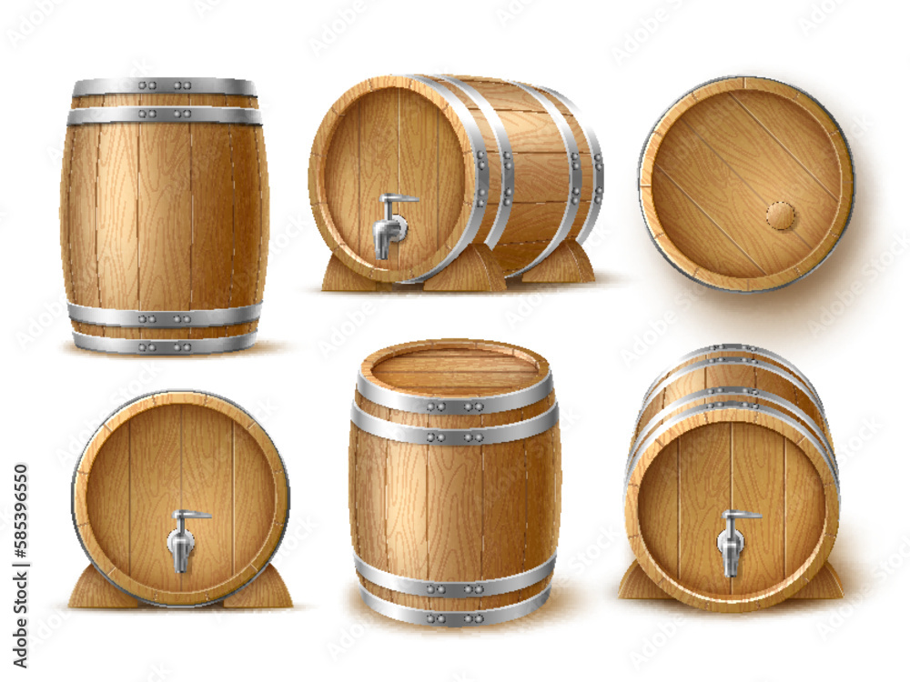 Realistic wooden barrels. 3d isolated alcohol containers, beer, wine ...