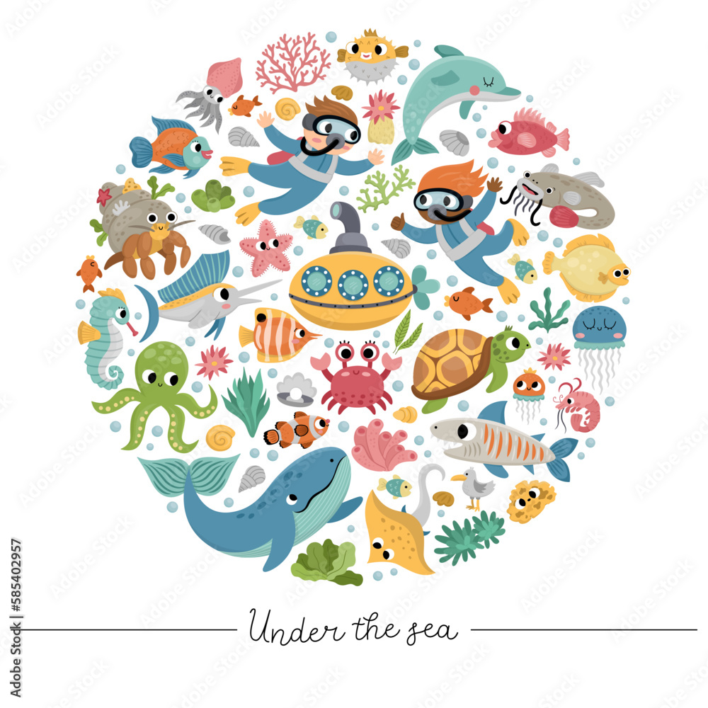 Vector under the sea round frame with divers, submarine, animals, weeds ...
