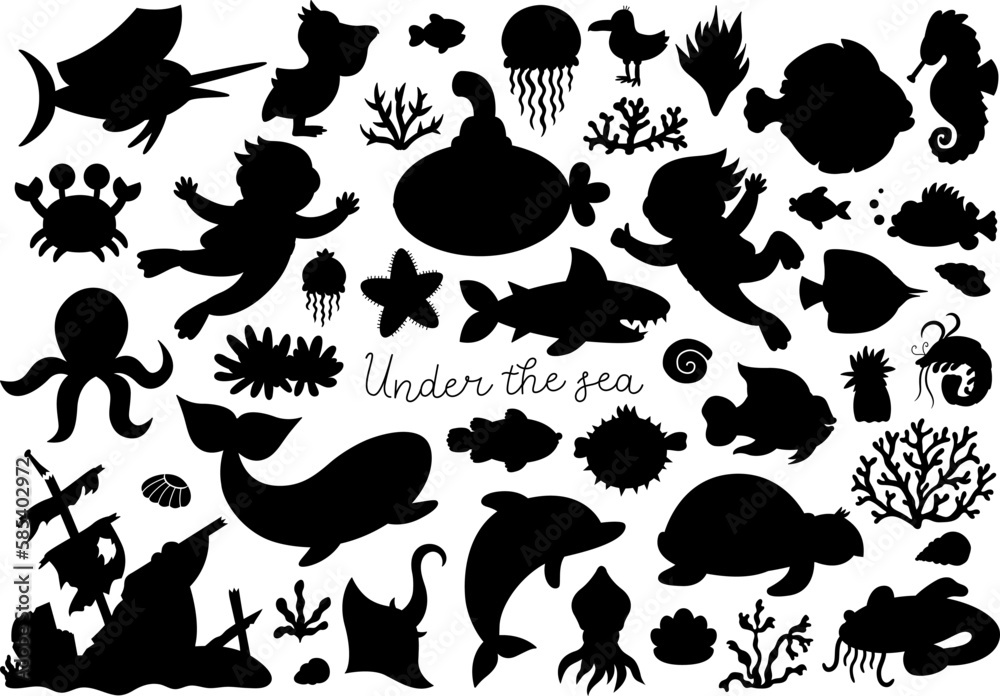 Vector under the sea silhouettes set. Ocean black icons collection with ...