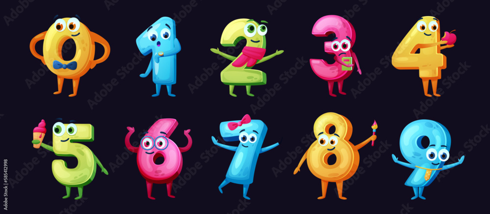 Numbers with smile faces. Cartoon characters. Cute math icons. Numeral ...