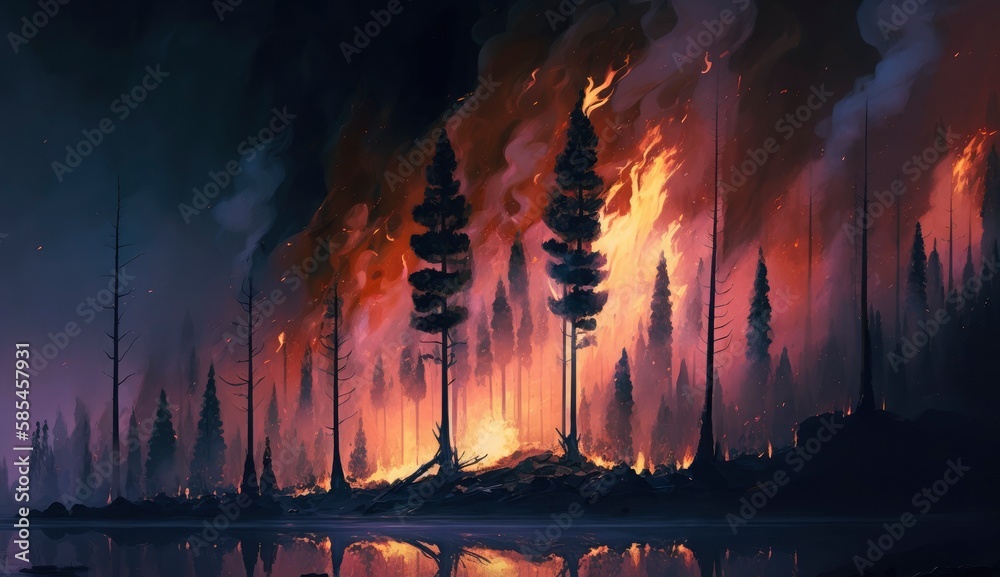 Wildfire, forest burning, 4k digital painting. Illustration of trees ...