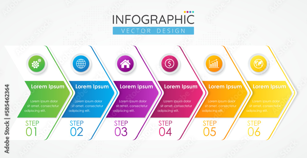 Infographic arrow design template with icons and 6 options or steps for ...