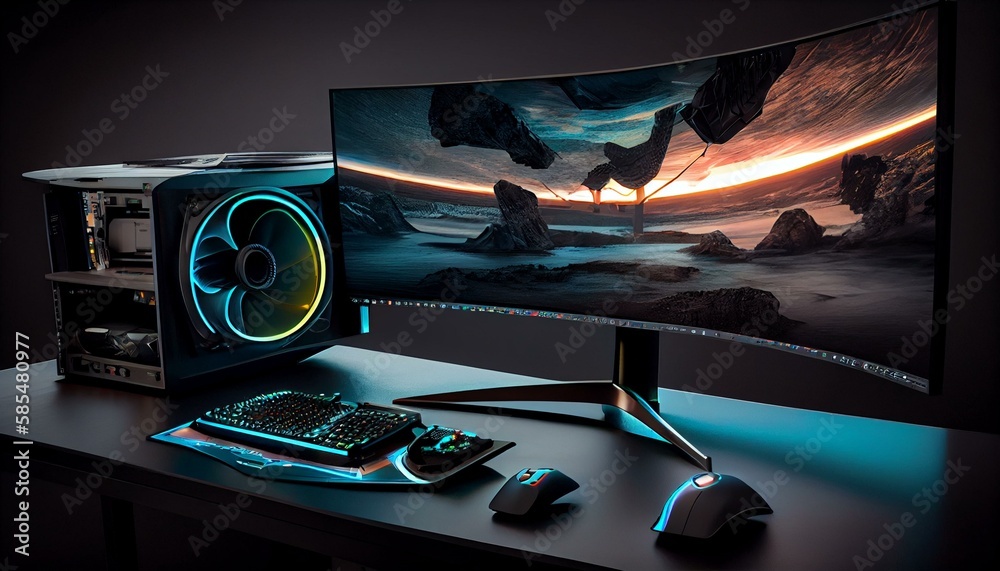 Create a sleek gaming setup with a curved monitor, RGB lighting, and a ...
