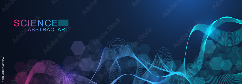 Modern scientific background with hexagons, lines and dots. Wave flow ...
