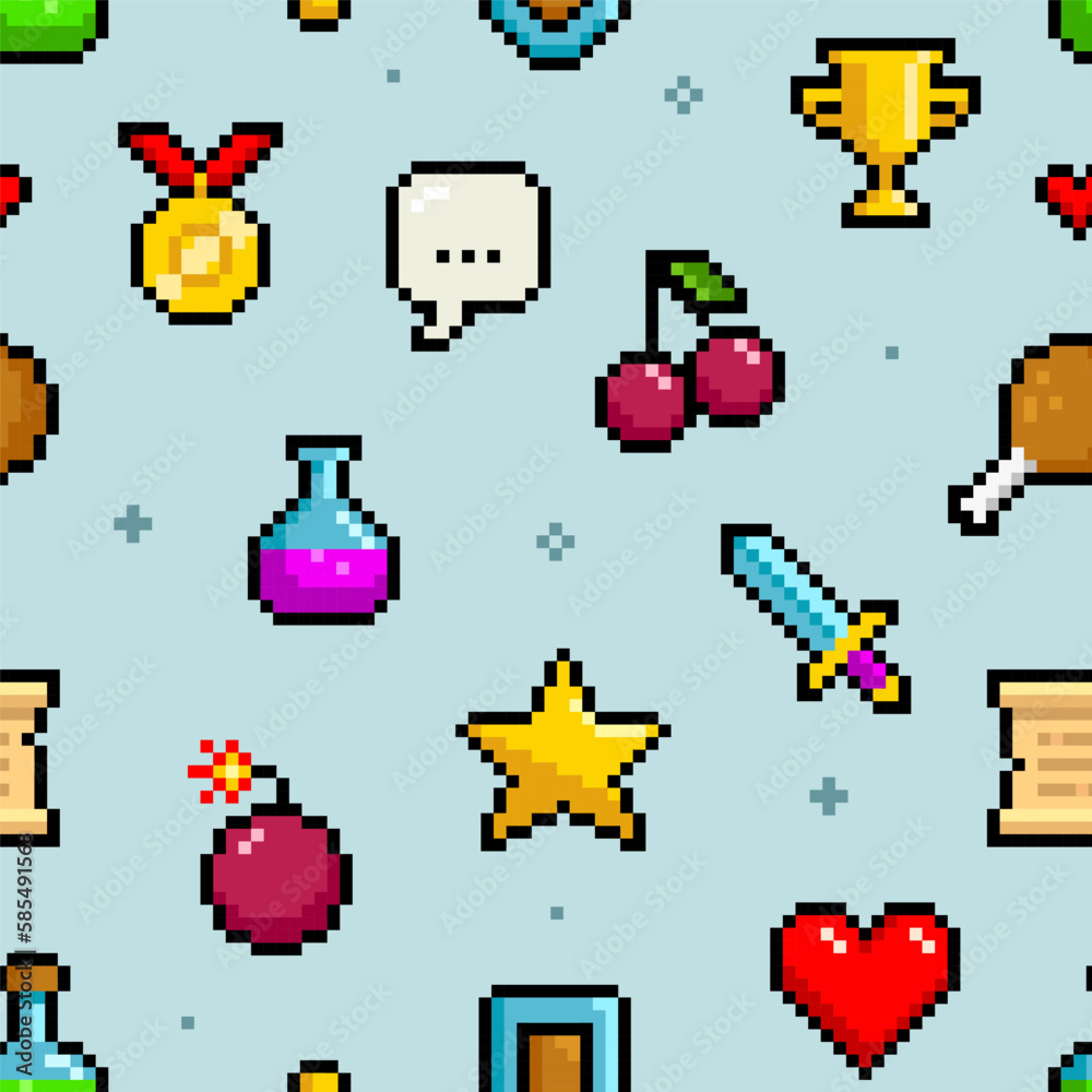 Geek Retro Game vector seamless pattern. Pixel icons in vintage 8 bit ...