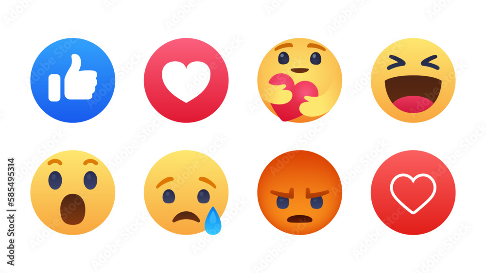 Facebook reactions. social media smiley emoji face ; thumb up icon ...