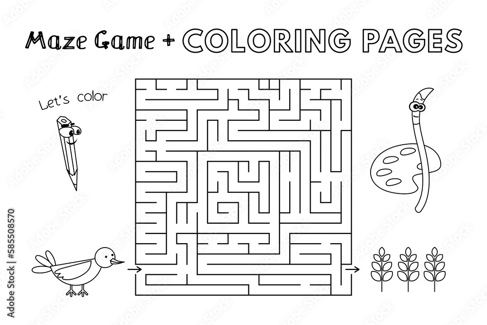 Cartoon bird maze game. Vector coloring book pages for children Stock ...