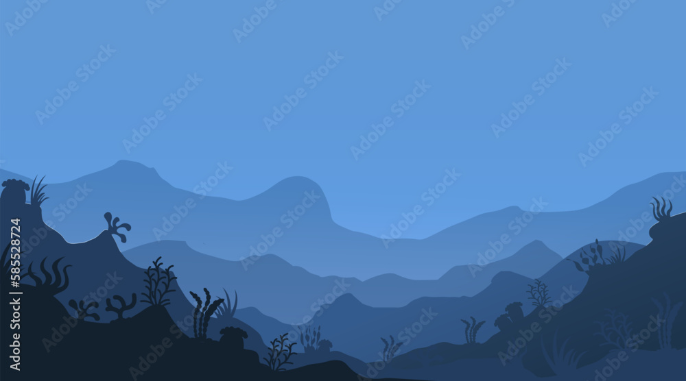 Deep ocean seascape. Underwater seabed. Undersea bottom with growing ...
