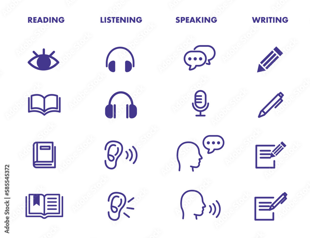 Vector de Stock Language skill icon set speaking listening reading ...
