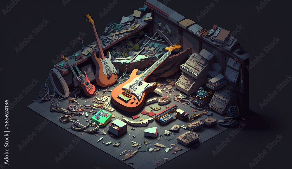 smashed, damaged, broken instruments, bass guitar,electric guitar ...