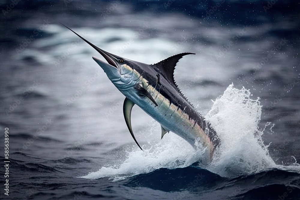 marlin leaping from the water, its tail flapping and fins spread wide ...