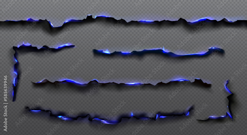 Fire on burnt paper edges. Frames with burn effect with blue flame ...
