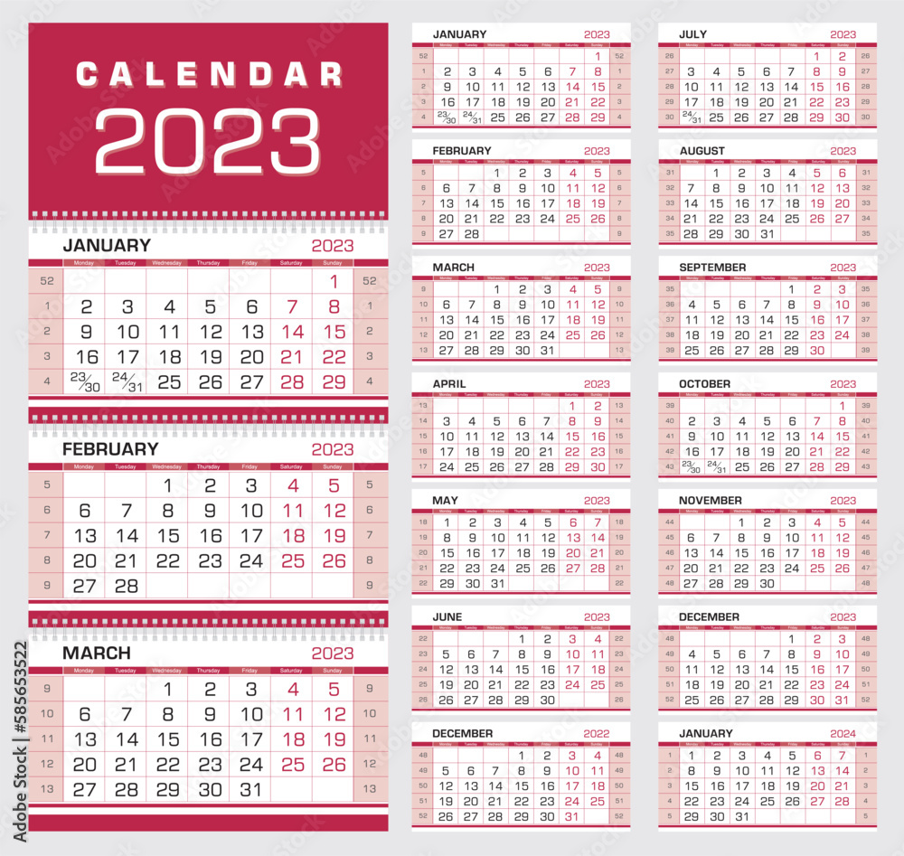 Calendar 2023. Wall quarterly calendar with week numbers. Week start ...