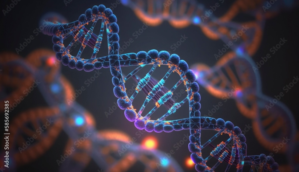 Blue chromosome DNA and gradually glowing flicker light matter chemical ...