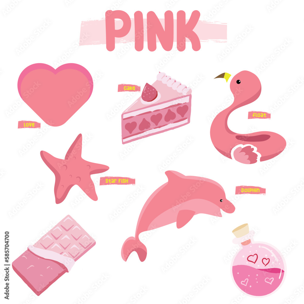 Set Of Pink Color Objects Primary Colours Flashcard With Pink Elements Learning Colors For