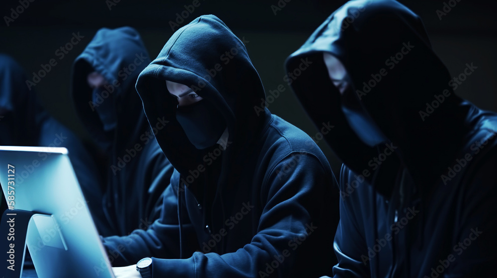 Generative AI illustration of a group of anonymous hackers or stalkers ...