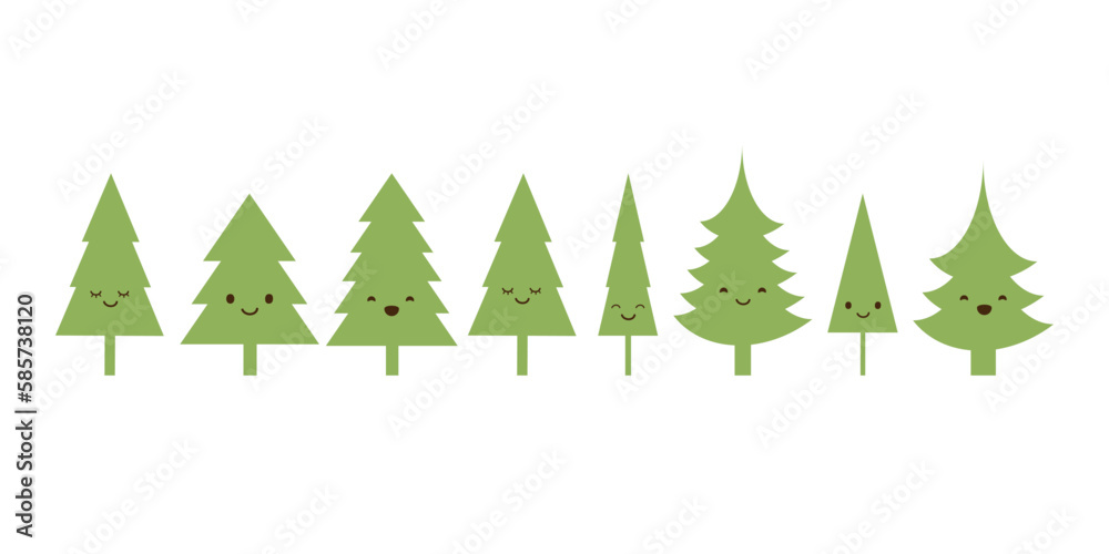 Row of Many Cute Pine Tree Characters - Simple Icons of Green Trees ...