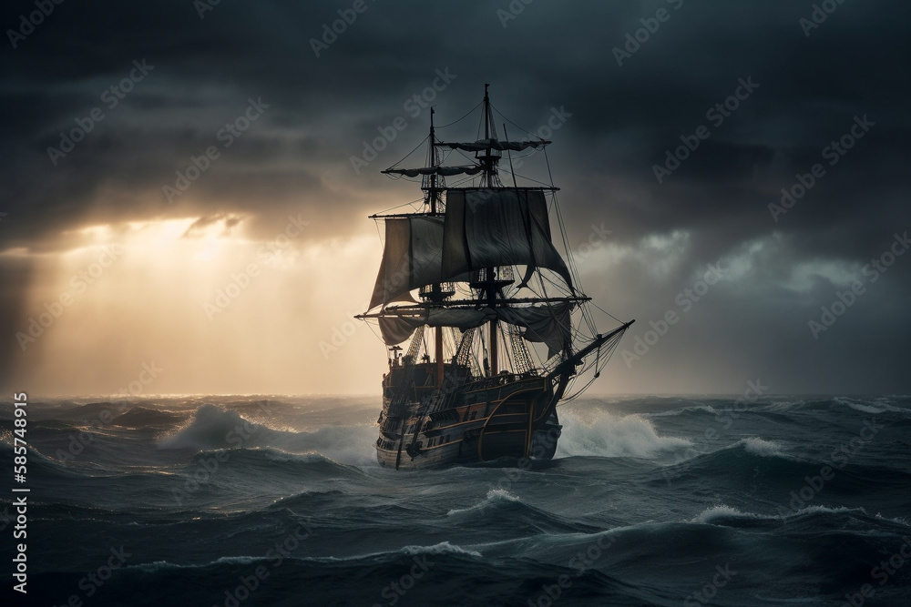 The Black Pirate Ship sailing on a stormy sea, representing adventure ...