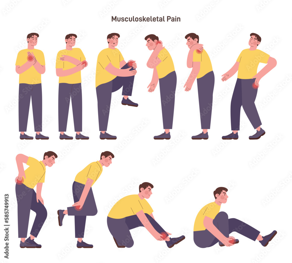 Different types of musculoskeletal pain on human body parts. Ache Stock ...