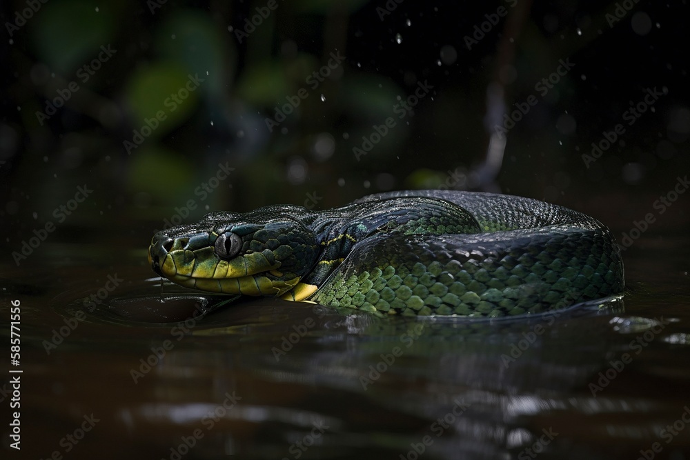 Green Anaconda Moves Through Murky Waters of Amazon River, Displaying ...