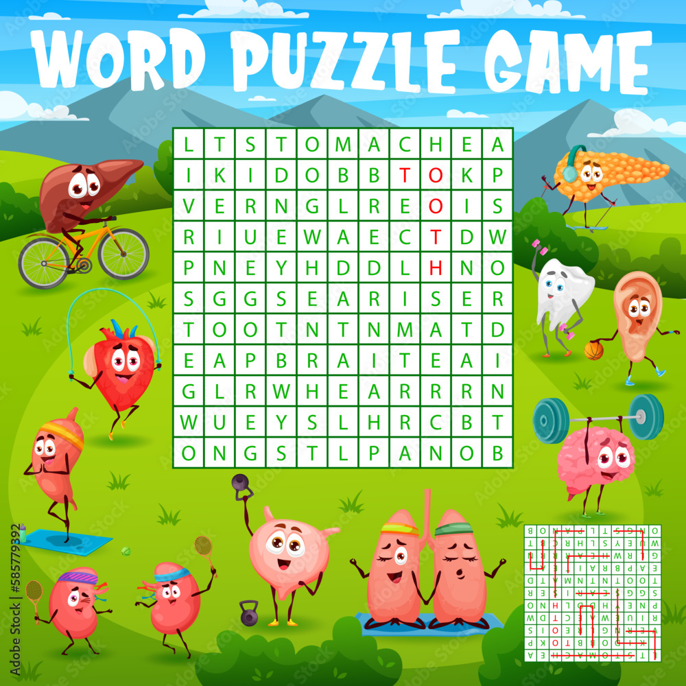 Cartoon human organs sportsman characters, word search puzzle game ...
