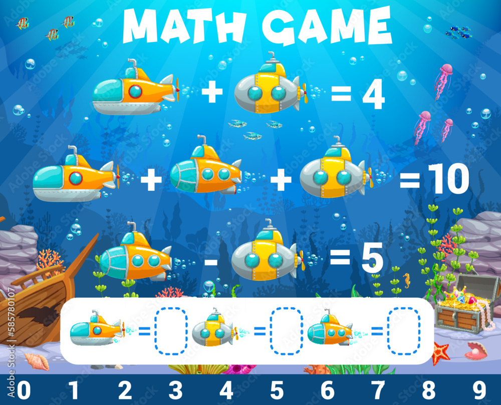 Math game cartoon underwater submarine and bathyscaphes vector ...