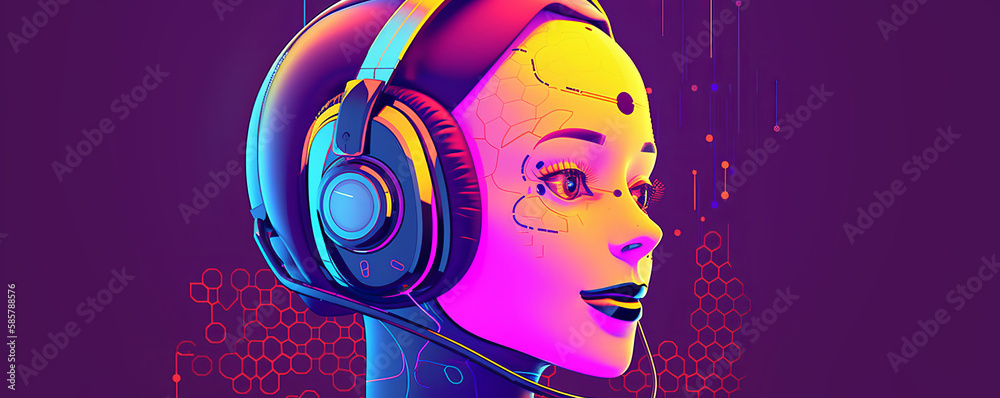 Stock-Illustration „A woman AI Chat bot with headphones on her head do ...