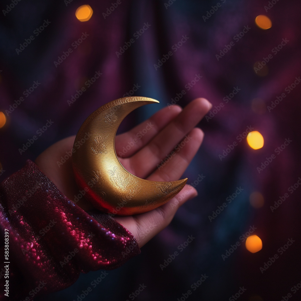 Eid crescent moon in the palm of hand islamic greetings background ...