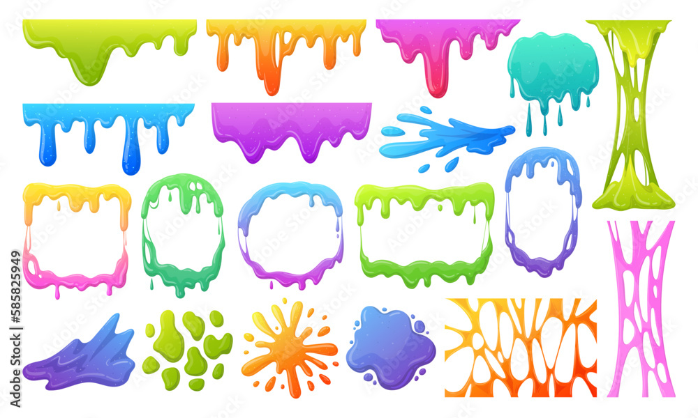 Cartoon slime mucus splashes. Jelly dripping spots, borders and frames ...