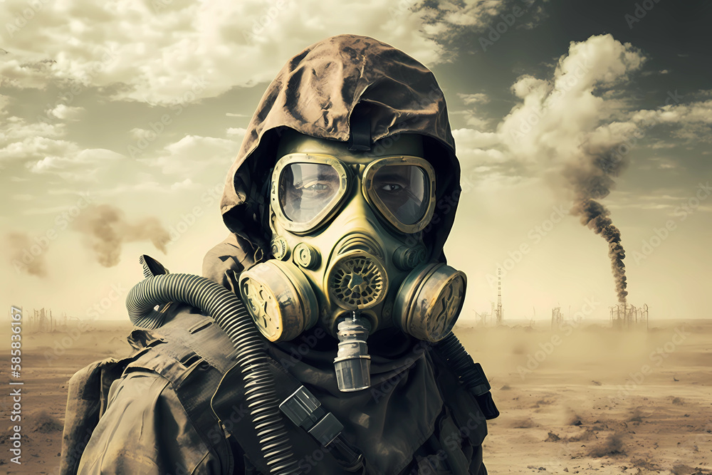 Man in gas mask for chemical protection, apocalyptic smoke in desert ...