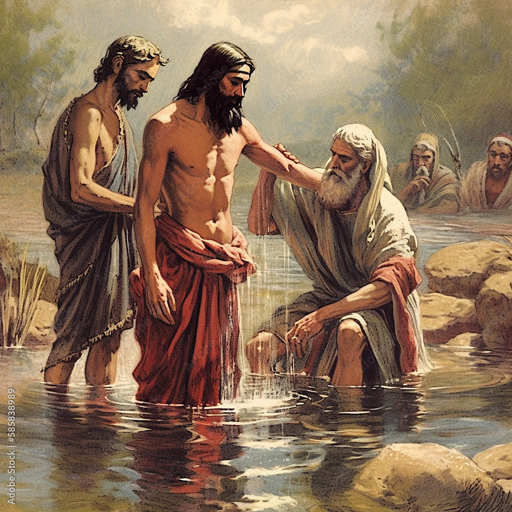 John the Baptist baptize Jesus Christ in the Jordan river in Israel, christian belief and ...