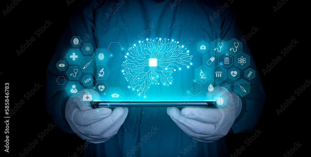 Intelligent AI learning system. Concept of using data and algorithms, AI learning and ...