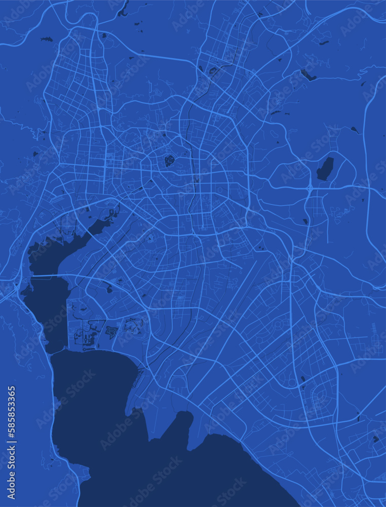 Detailed map poster of Kunming city, linear print map. Blue skyline ...