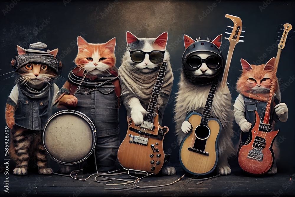 rock star cat band poses for a group photo with their instruments and ...