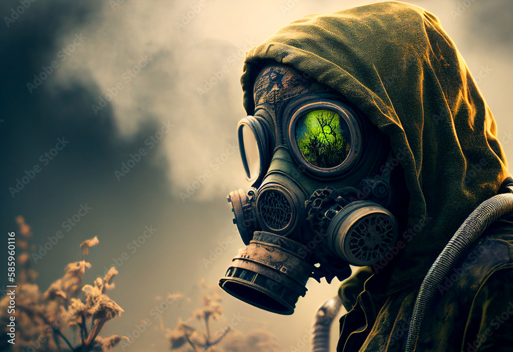 Gas mask on man during explosion. Chemical weapons against civil ...