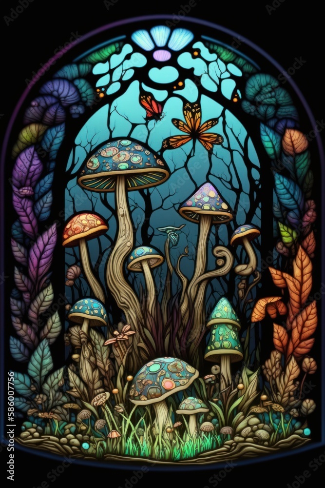 A digital illustration of a stained glass window depicting a fairyland ...