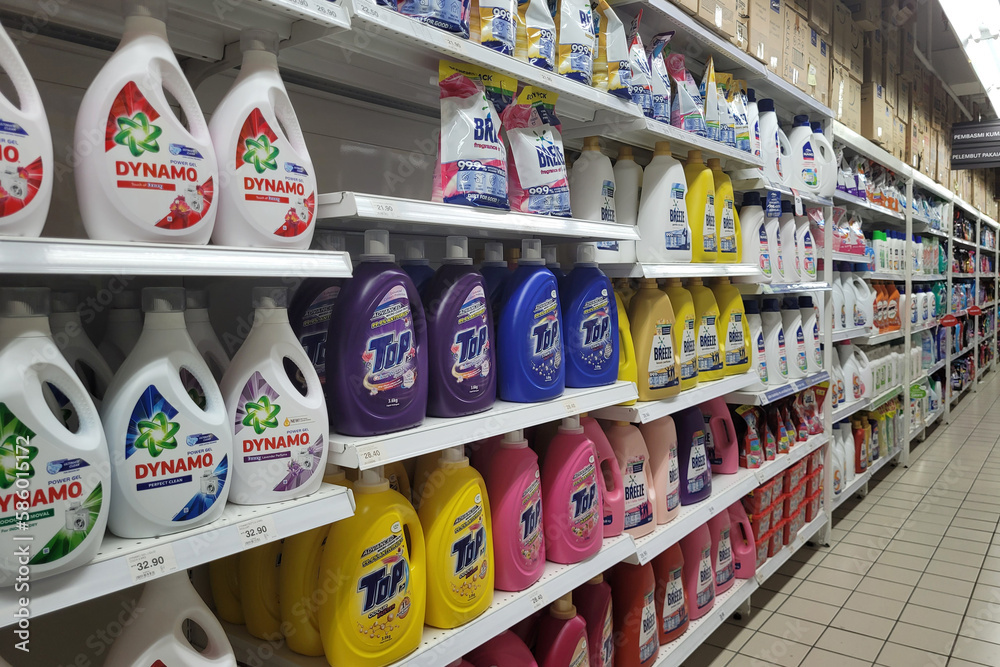 PENANG, MALAYSIA - 22 MAR 2023: Various brand of household cleaning products and detergents on ...