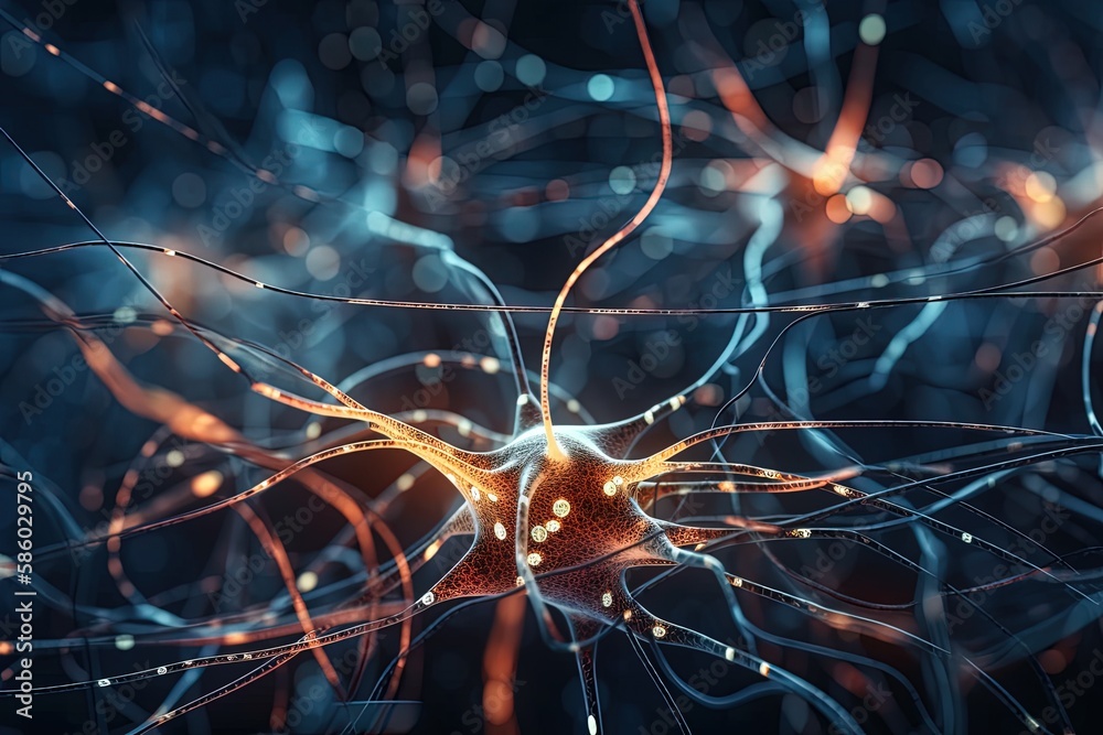 3D-rendered human brain with highlighted regions and neural pathways created with Generative AI ...