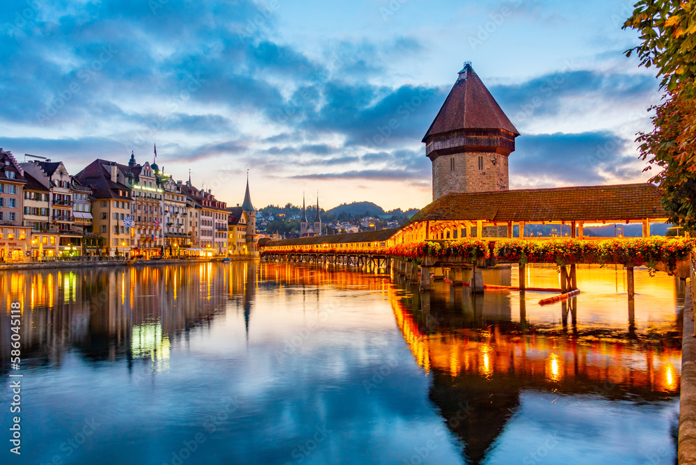 Night view of Kapellbruecke at Swiss town Luzern Stock Photo | Adobe Stock