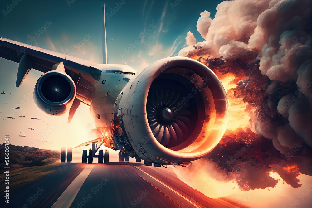 airplane, with jet engines firing and view of the sky in the background ...