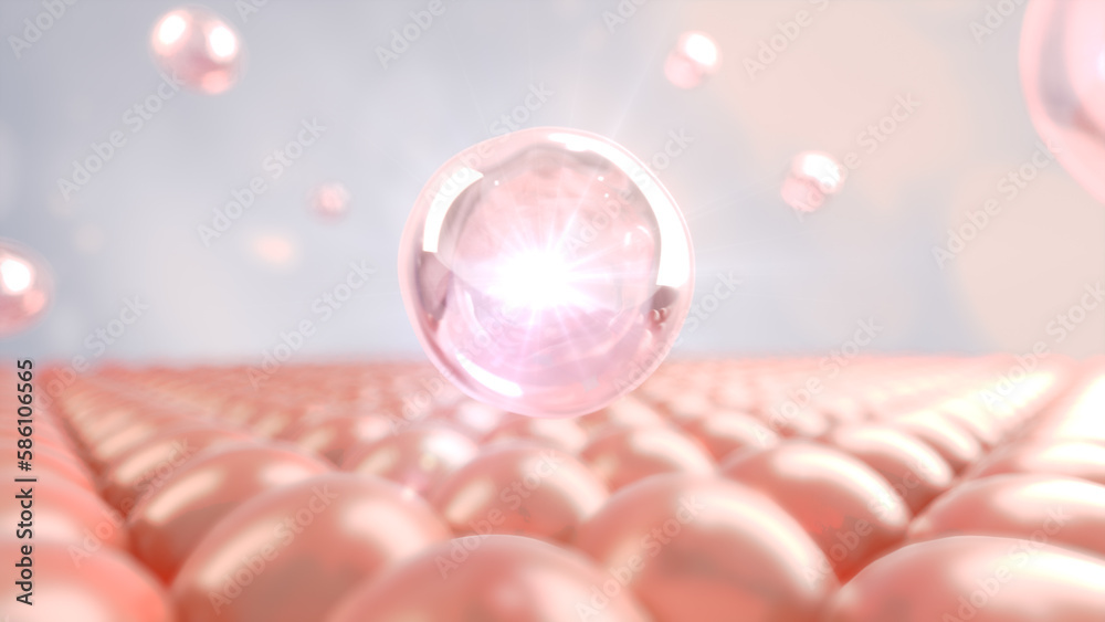 Glow pink bubbles drop to cell skin.Beauty cosmetic protect and anti ...