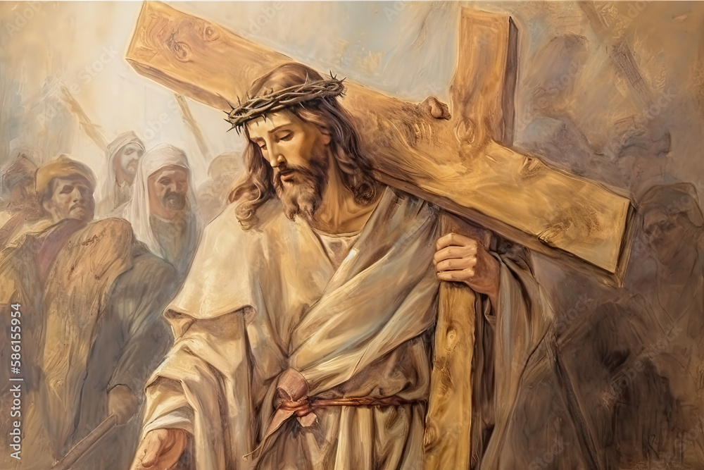 Painting of Jesus Christ carrying a heavy wooden cross to Calvary, Good ...