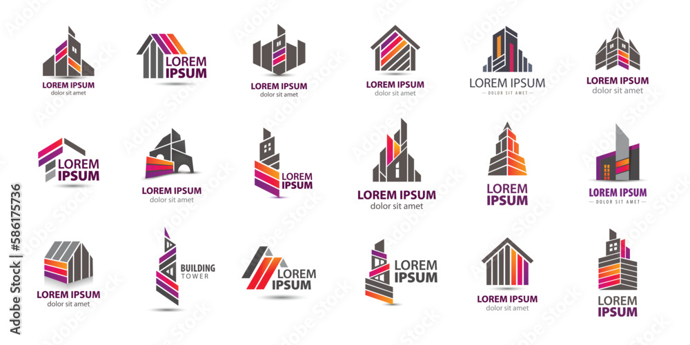 Vector set of real estate logos, building constructions, towers, city ...