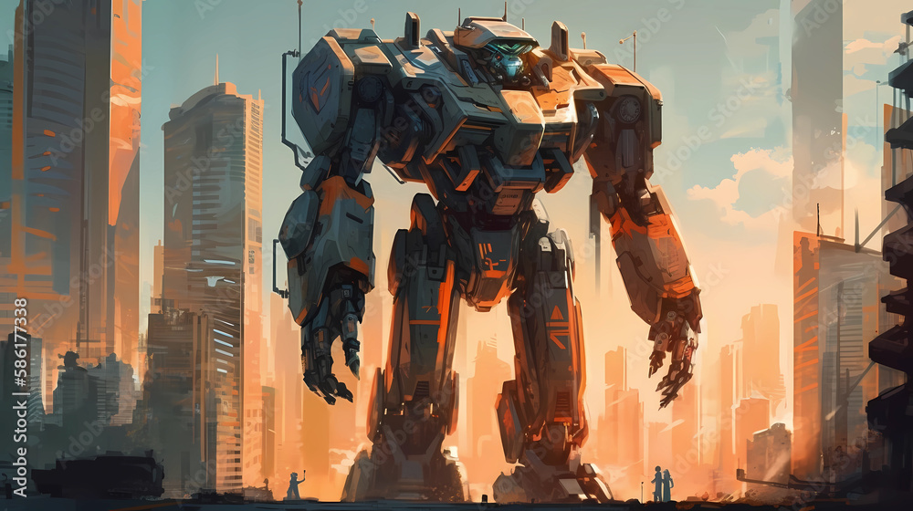 A giant robot towering over a futuristic city. digital art illustration ...