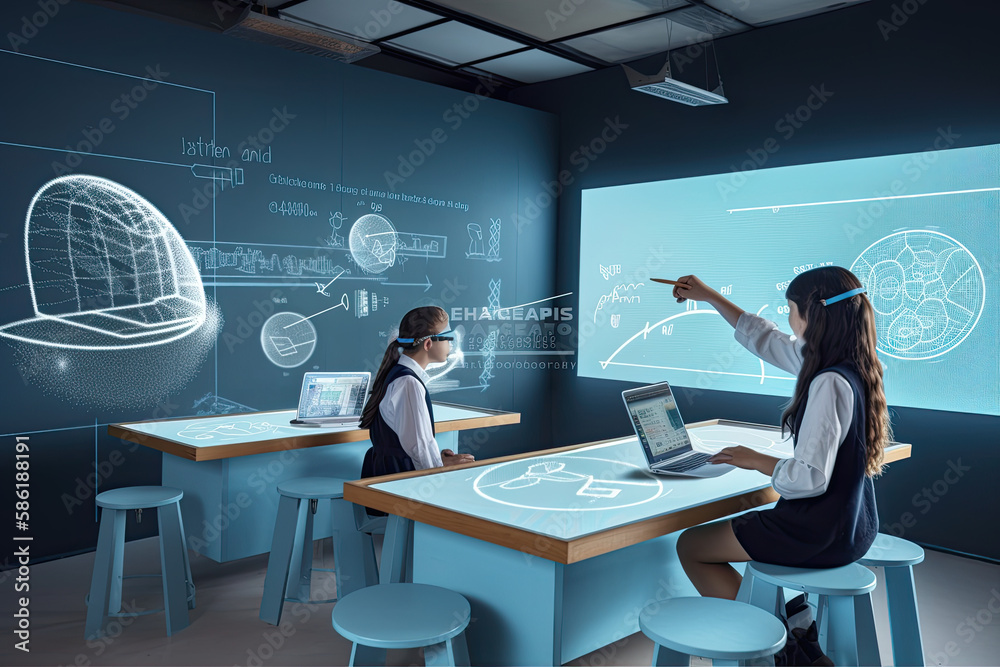 Futuristic school classroom with augmented reality projected in a ...