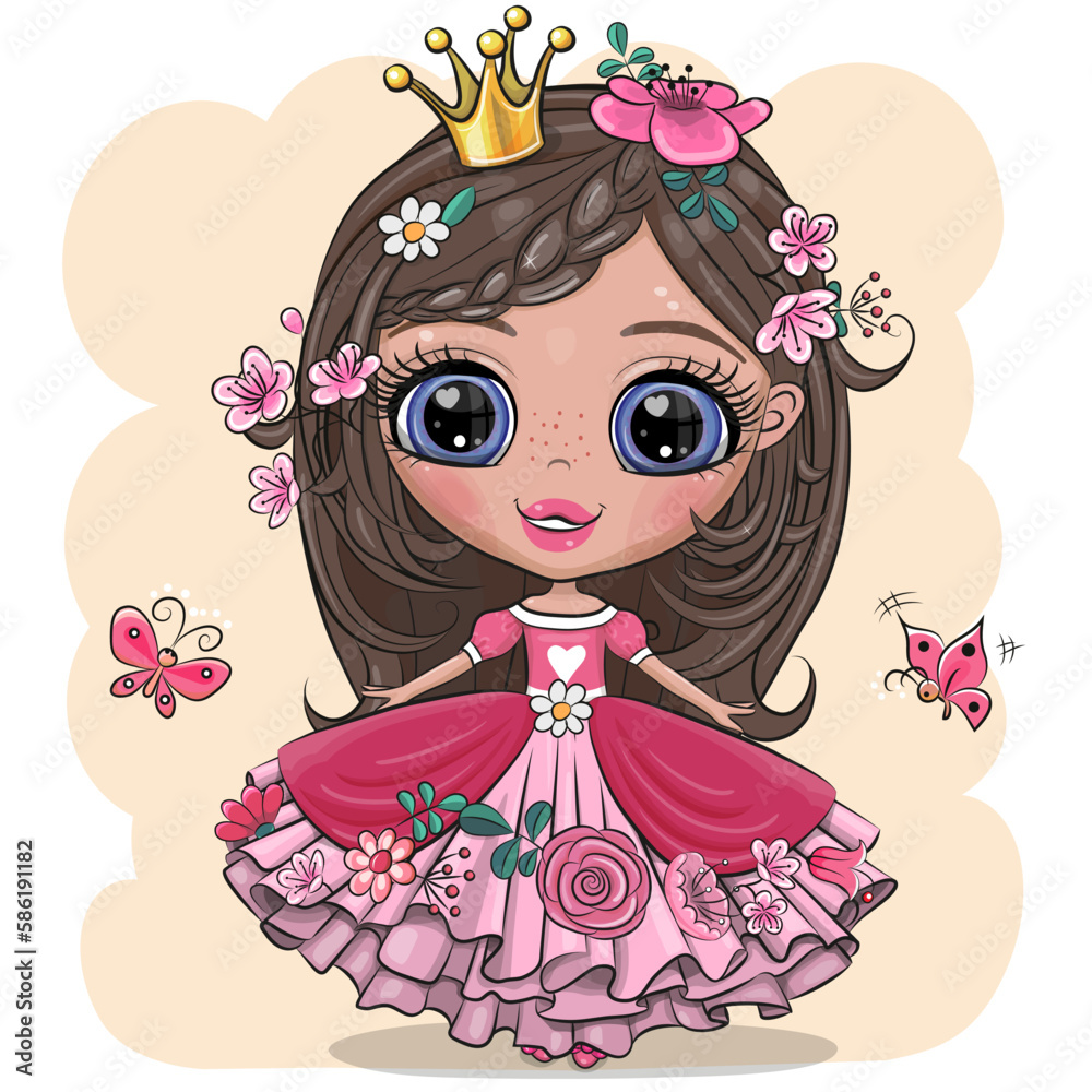 Cartoon Little Princess in a pink dress with flowers Stock Vector ...