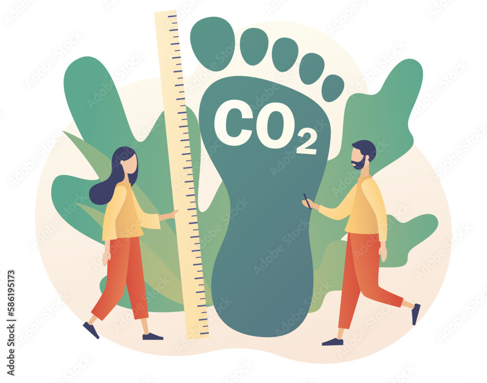 Co2 emission environmental impact concept. Tiny people measure huge carbon footprint pollution ...
