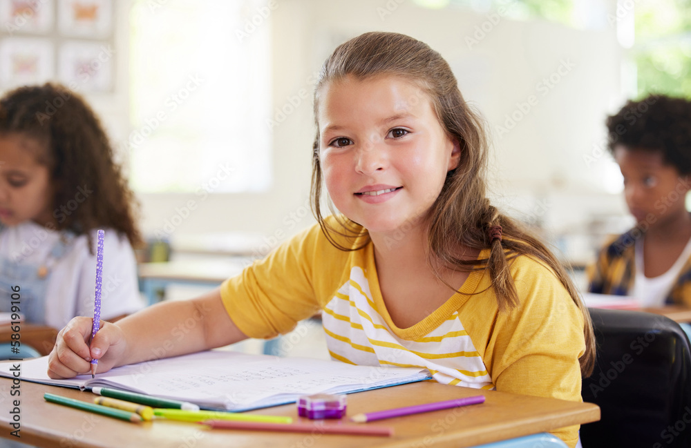 Education, writing and portrait of girl in classroom learning, exam or ...