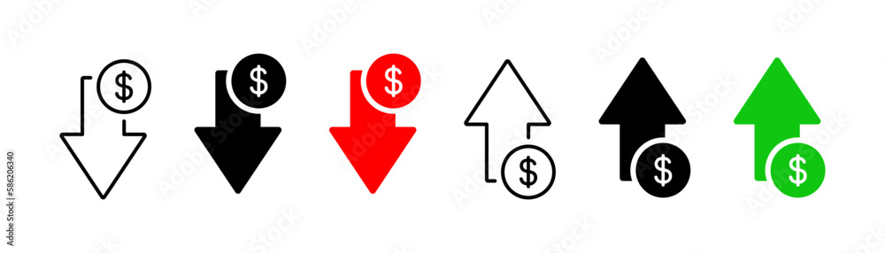 Increase, decrease dollar icons. Interest arrow money icons collection. Increase, decrease ...
