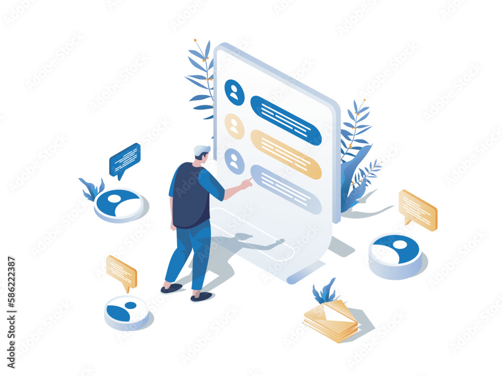 Vetor Forum concept 3d isometric web scene. People communicate online ...